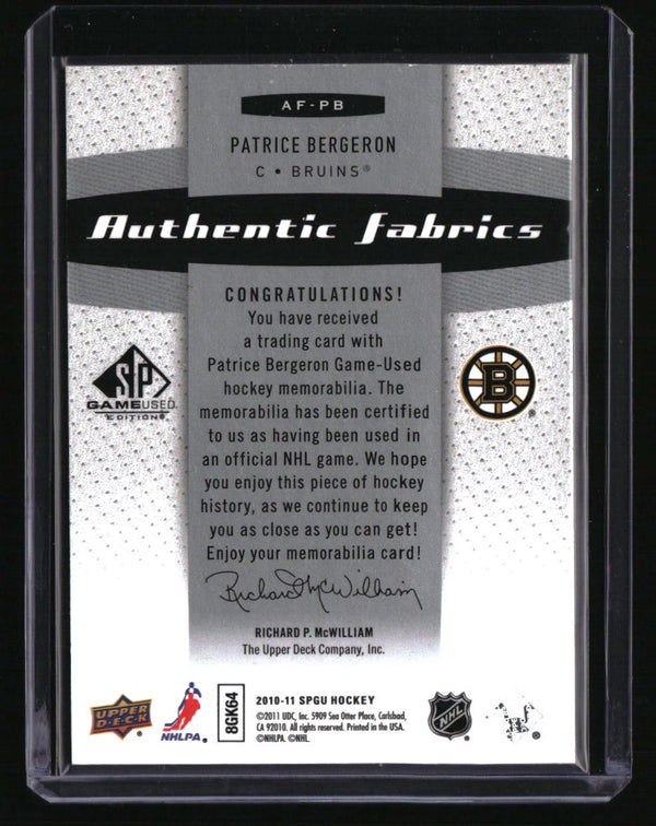 2010-11 SP Game Used Patrice Bergeron Authentic Fabrics